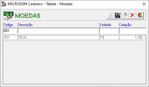 Cadastro de moedas – Microsum Tecnologia